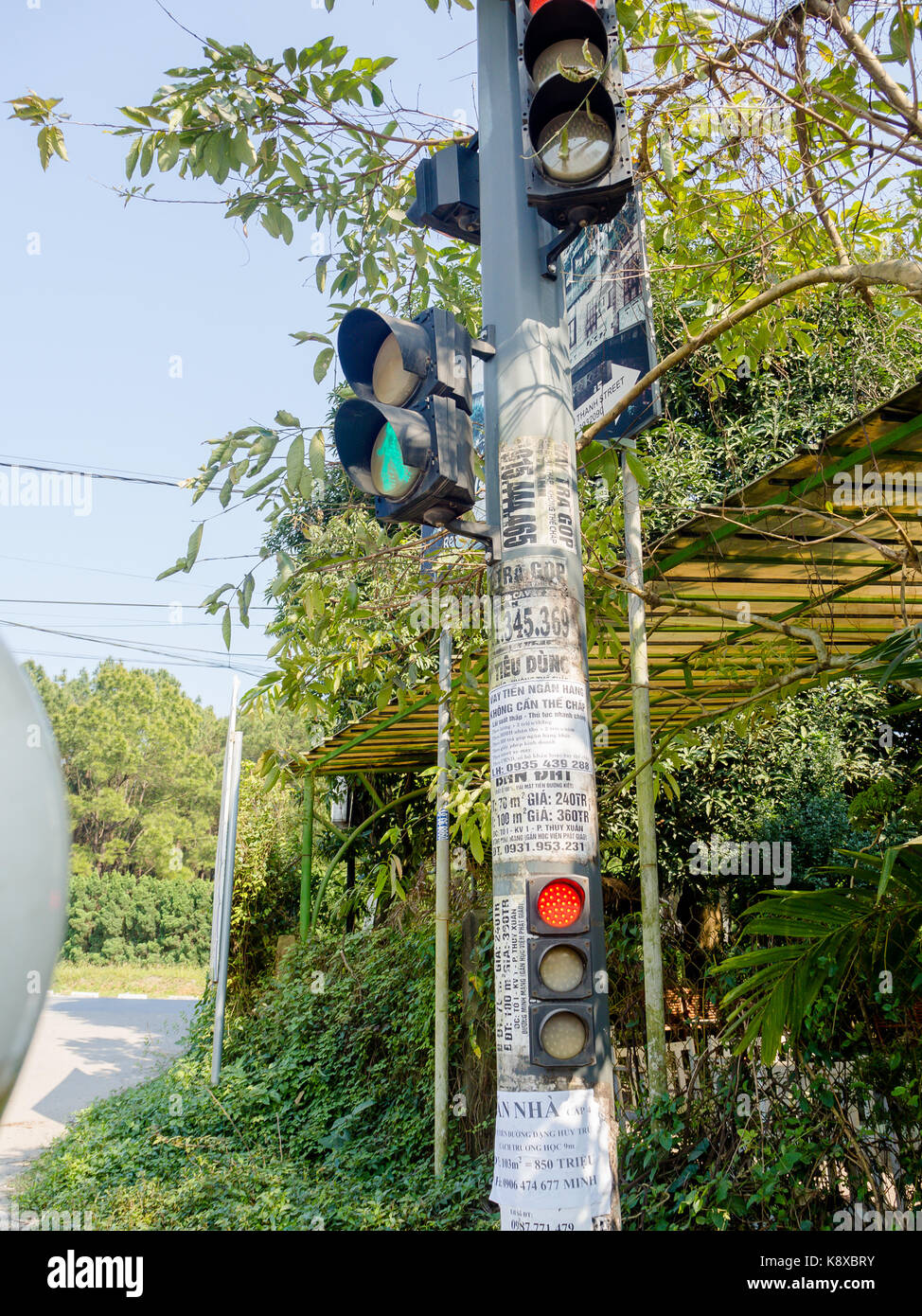 Hue, Vietnam - September 13 2017: Close up of a set of traffic lights ...