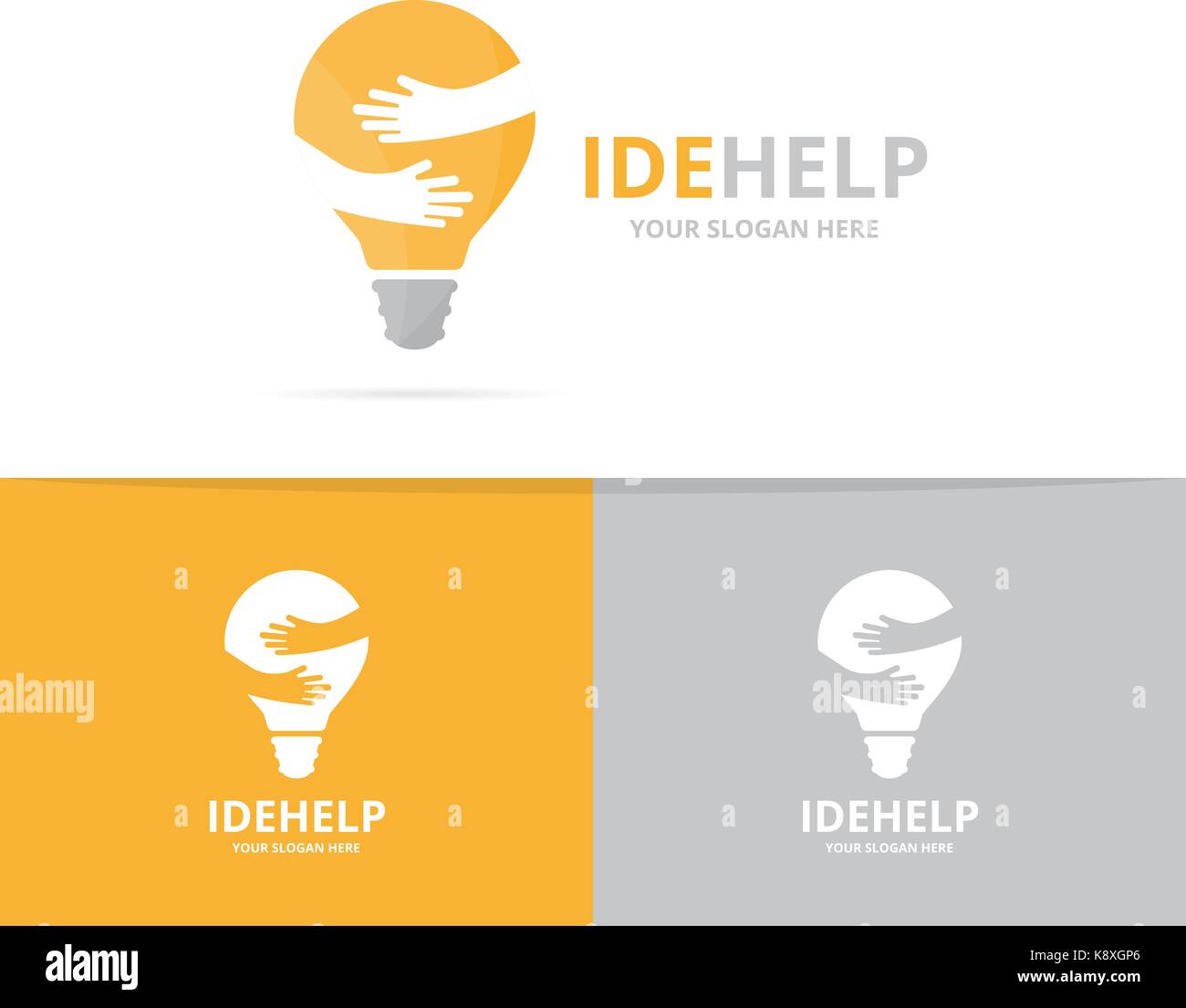 Vector lamp and hands logo combination. Lightbulb and embrace symbol or ...