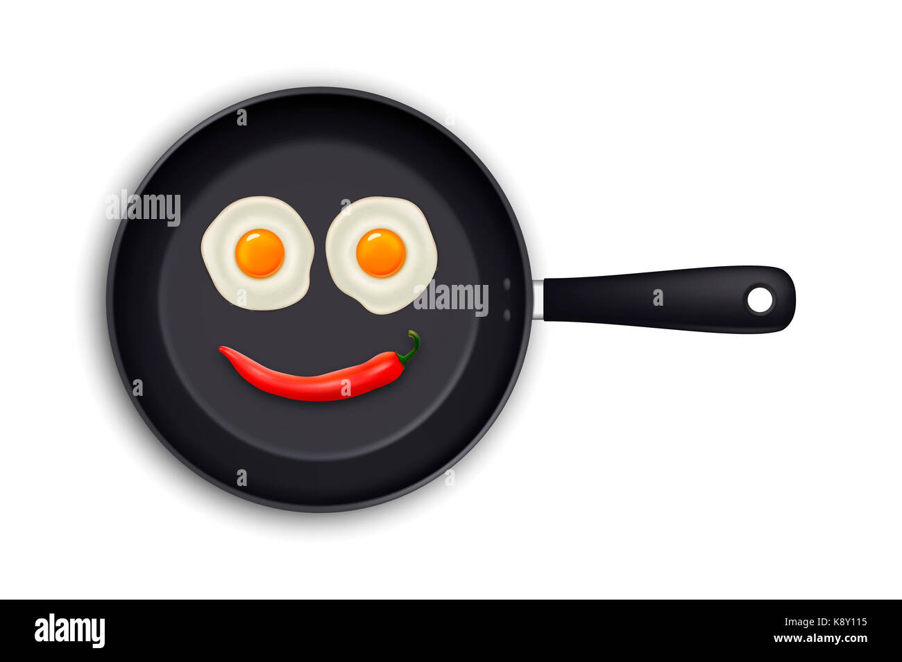 Two realistic fried eggs and red hot chili pepper laid out in the form ...