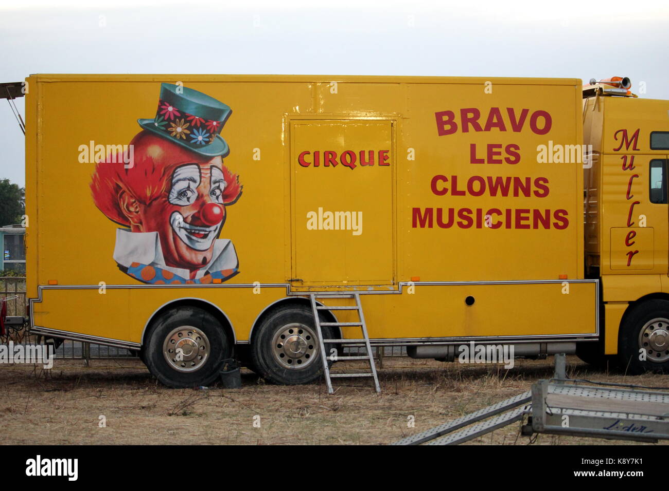 Trailer belonging to a French circus or "Cirque", with a large picture ...