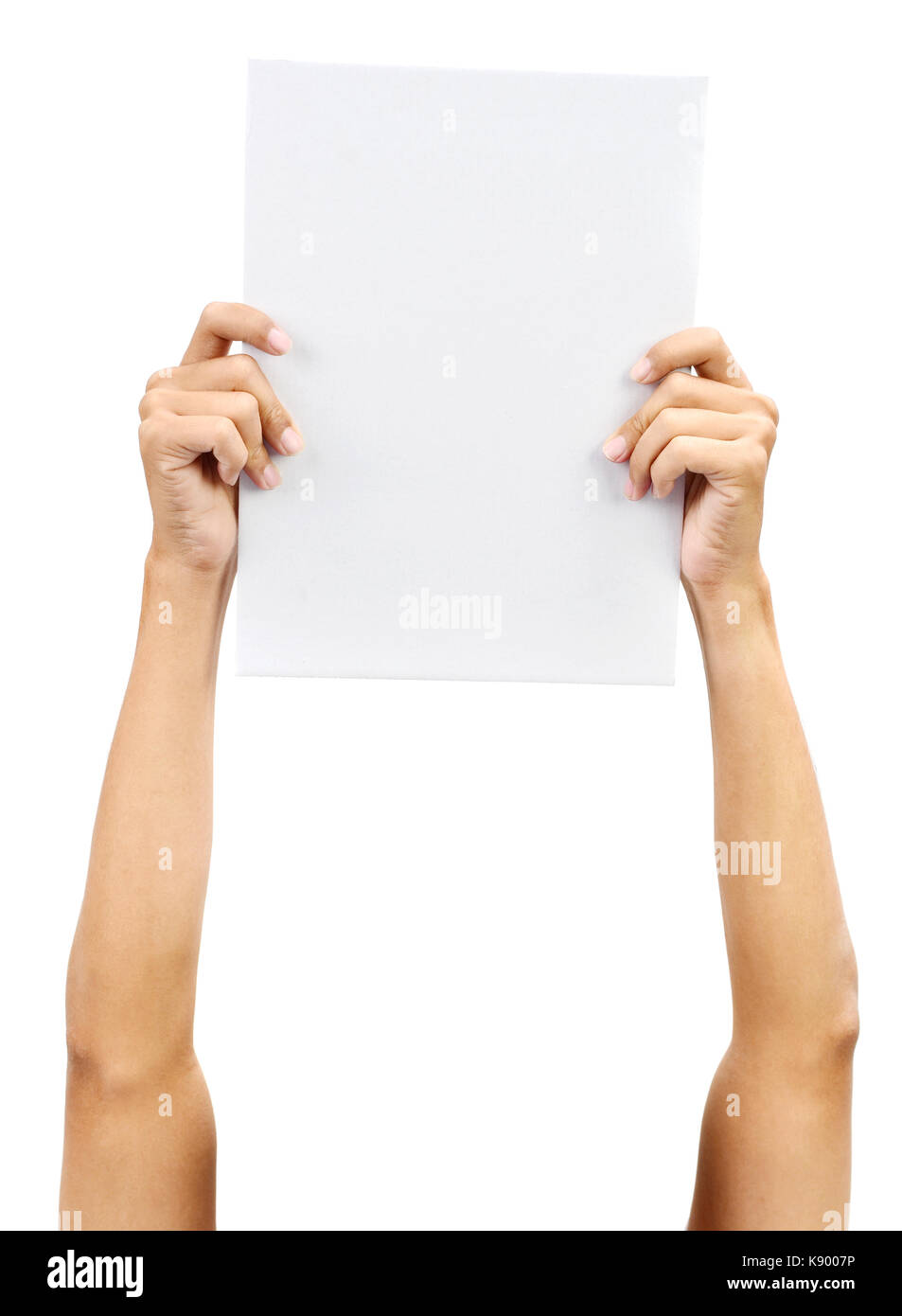 Hands holding A4 size white blank paper card, isolated on plain ...