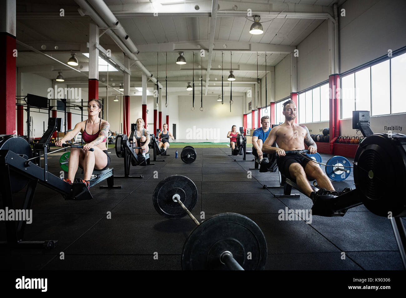 Men And Women Using Rowing Machines Stock Photo - Alamy