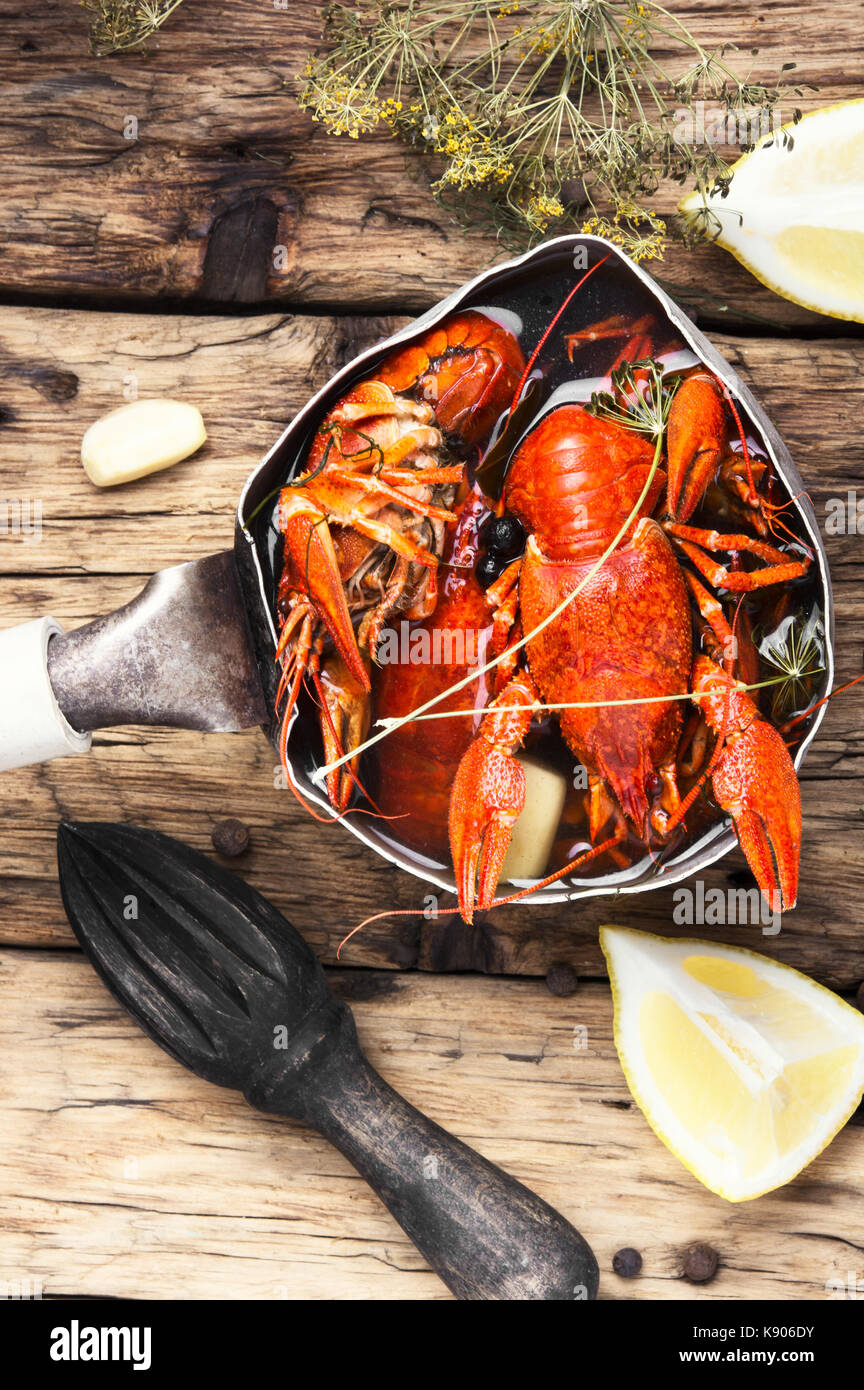 tasty seafood shellfish served in metal pot Stock Photo - Alamy