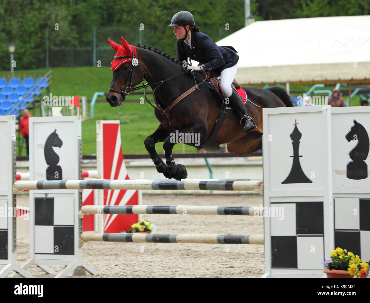 Young girl on the horse at jumping competition Stock Photo - Alamy