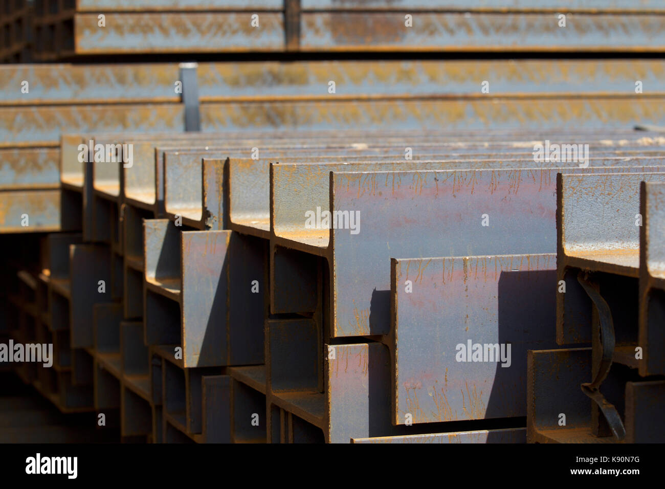 Metal profile beam in packs at the warehouse of metal products, Russia ...