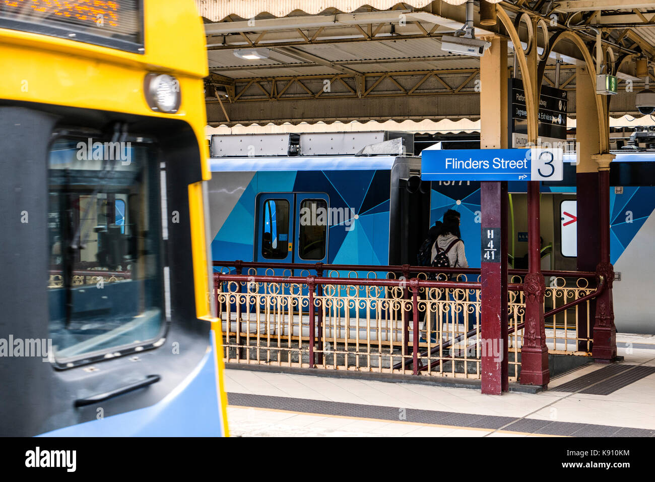 Train and sign Flinders Street Station Melbourne Victoria Australia ...