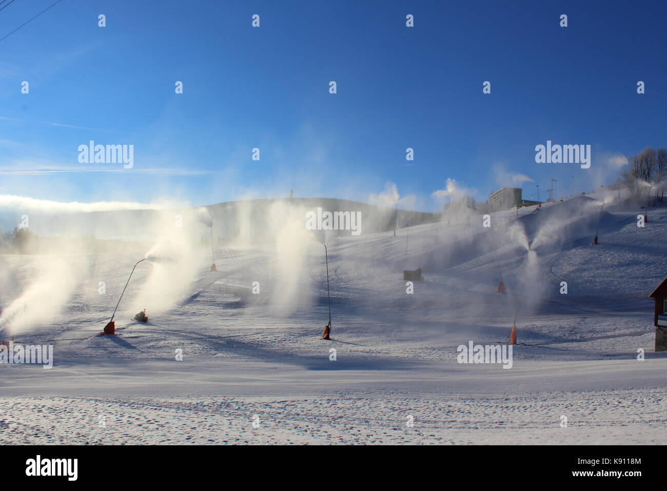 snowmaking with snow cannons and snow lances at ski resort in ...