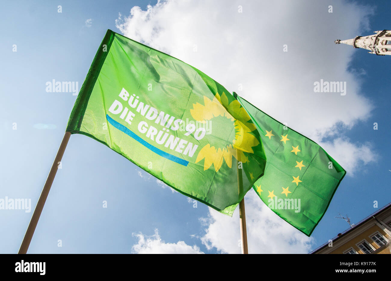 Munich, Bavaria, Germany. 21st Sep, 2017. Green Party and EU flags ...