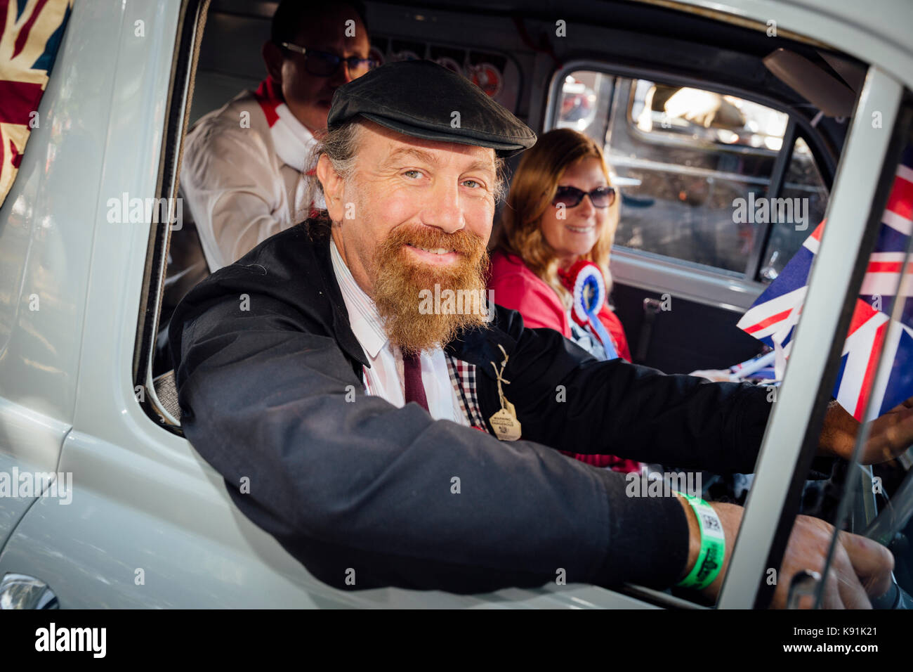 Vintage Car Driver with Beard and Union Jacks Stock Photo - Alamy
