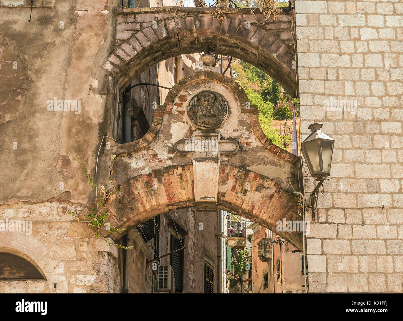 Fragments of buildings in the old town of Kotor, Montenegro Stock Photo ...