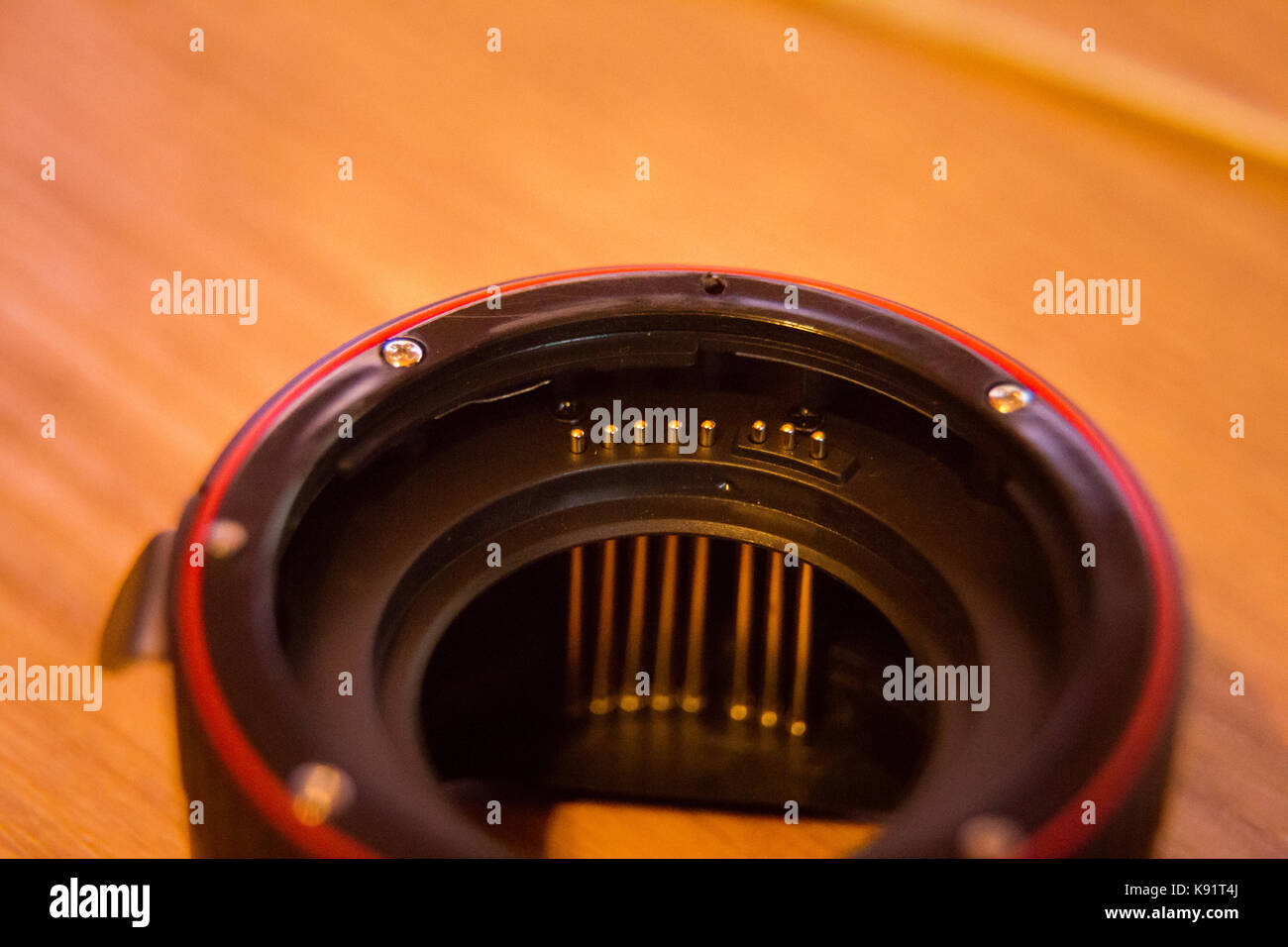 A close up look of a lens adapter with autofocus contacts. Photo ...