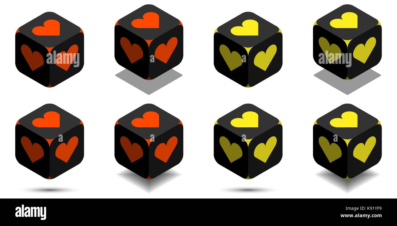 Cube with heart in orange and yellow colors, isometric black cube of ...