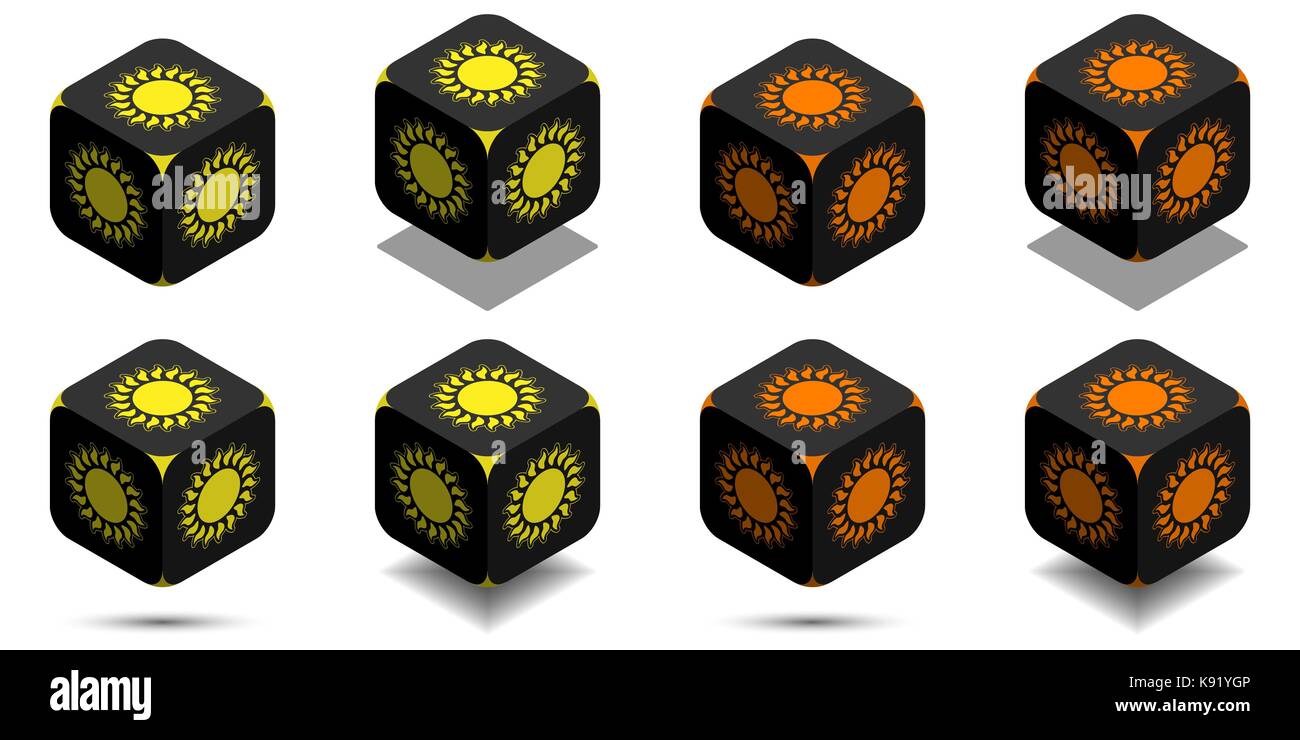 Cube with sun in orange and yellow colors, isometric black cube of sun ...