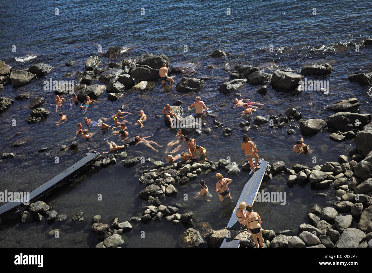 Sorgeto Bay on the rocky south coast of the Island of Ischia, Italy ...