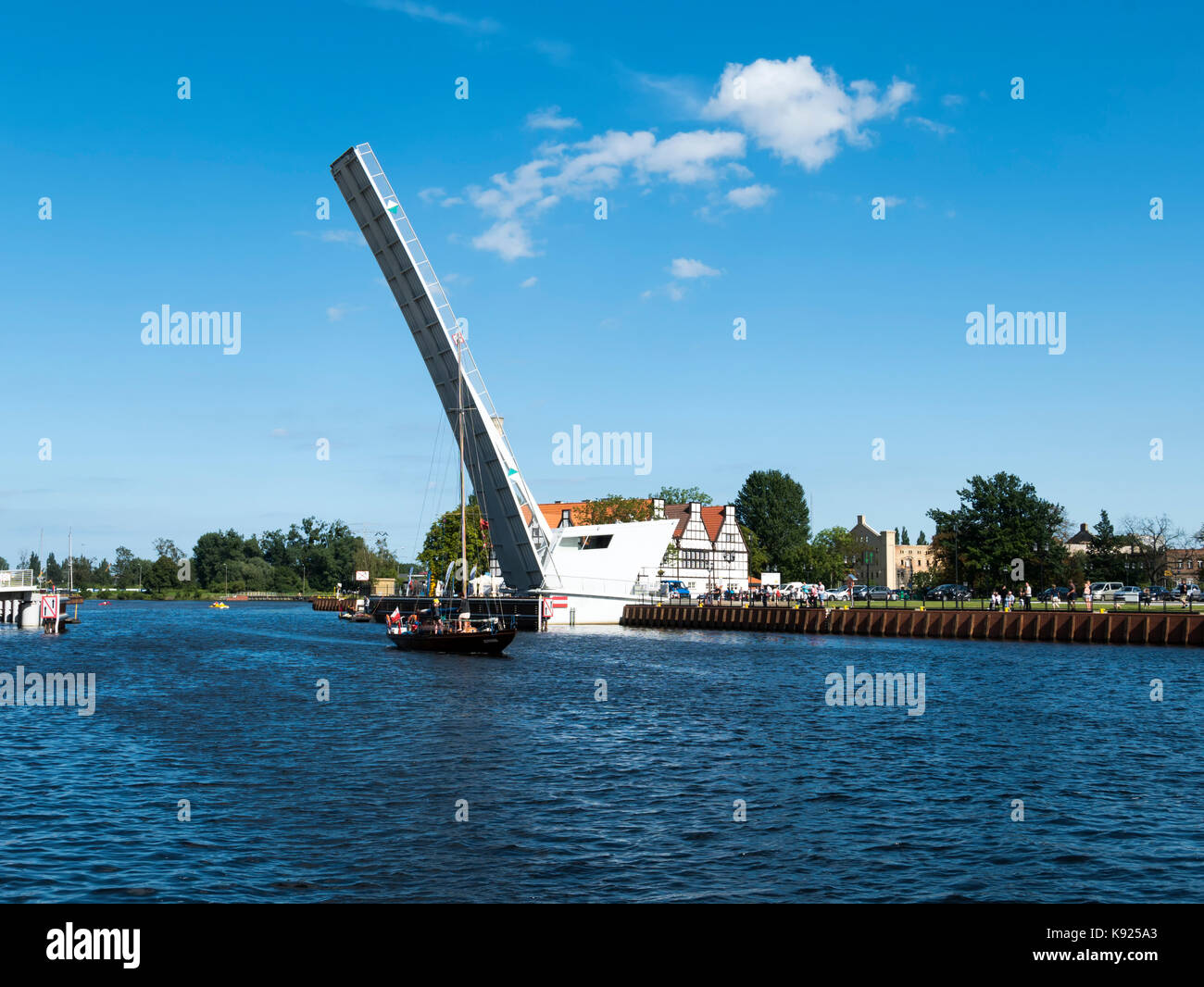 Pedestrian drawbridge raised over the Motlawa River, Gdansk, Poland ...