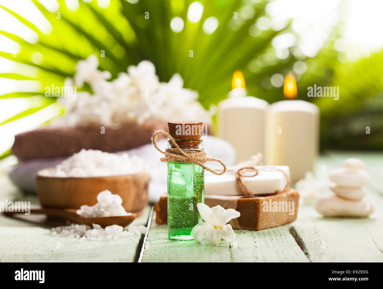 Spa background in the range of white and green. Green leaves background ...