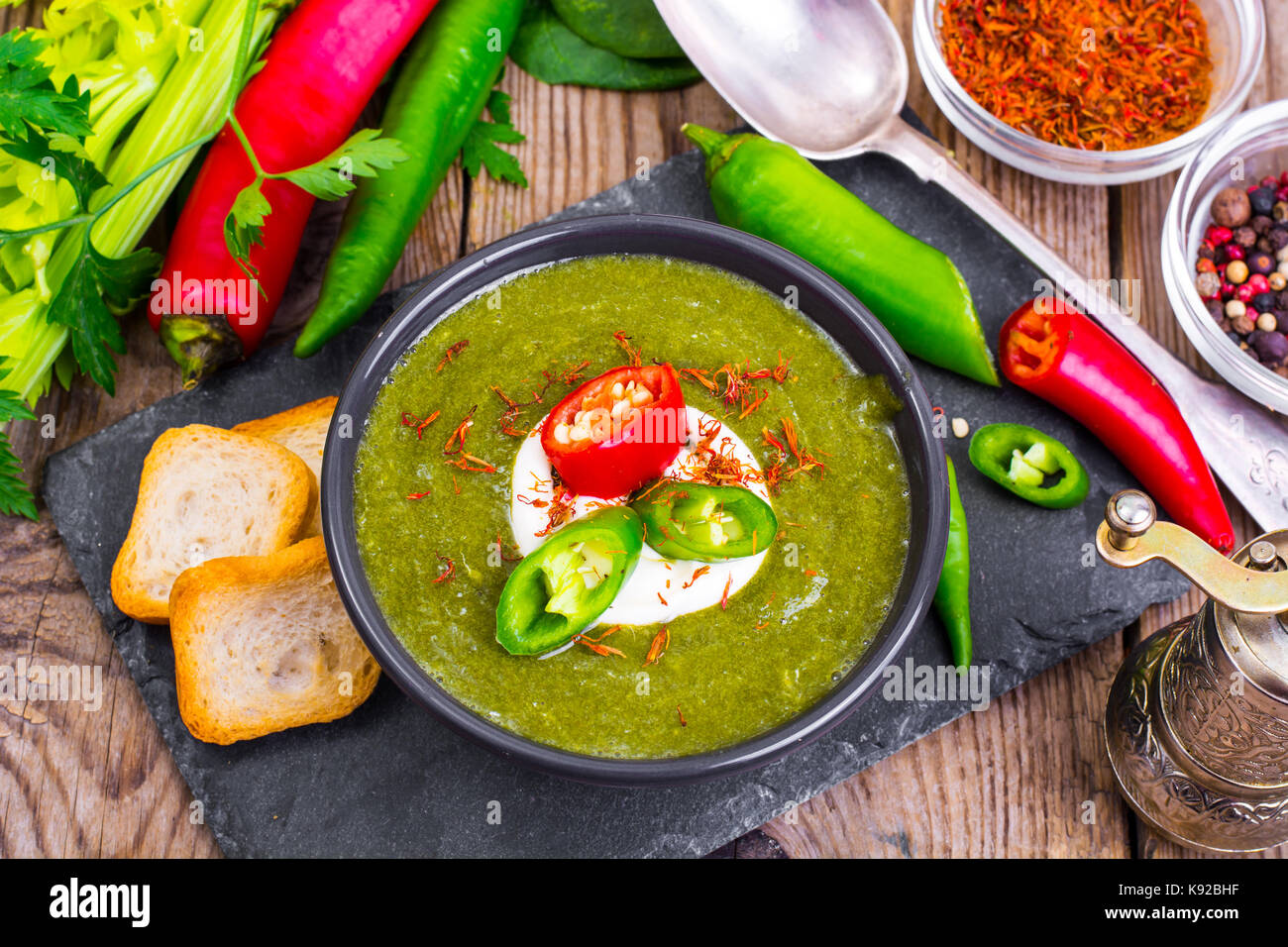 Spicy dishes with chilli of mashed vegetables. Studio Photo Stock Photo ...