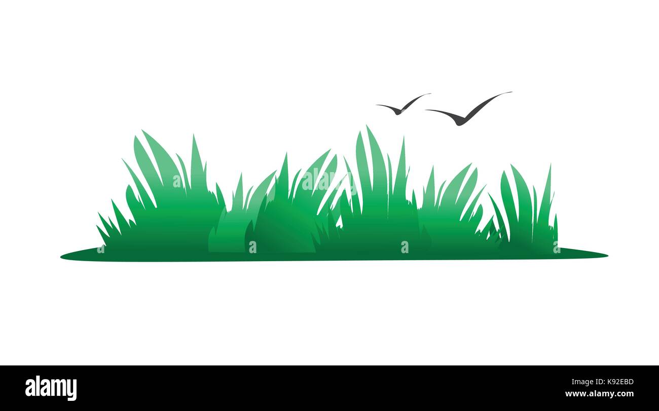 bold grass illustration with birds, symbol design, isolated on white ...