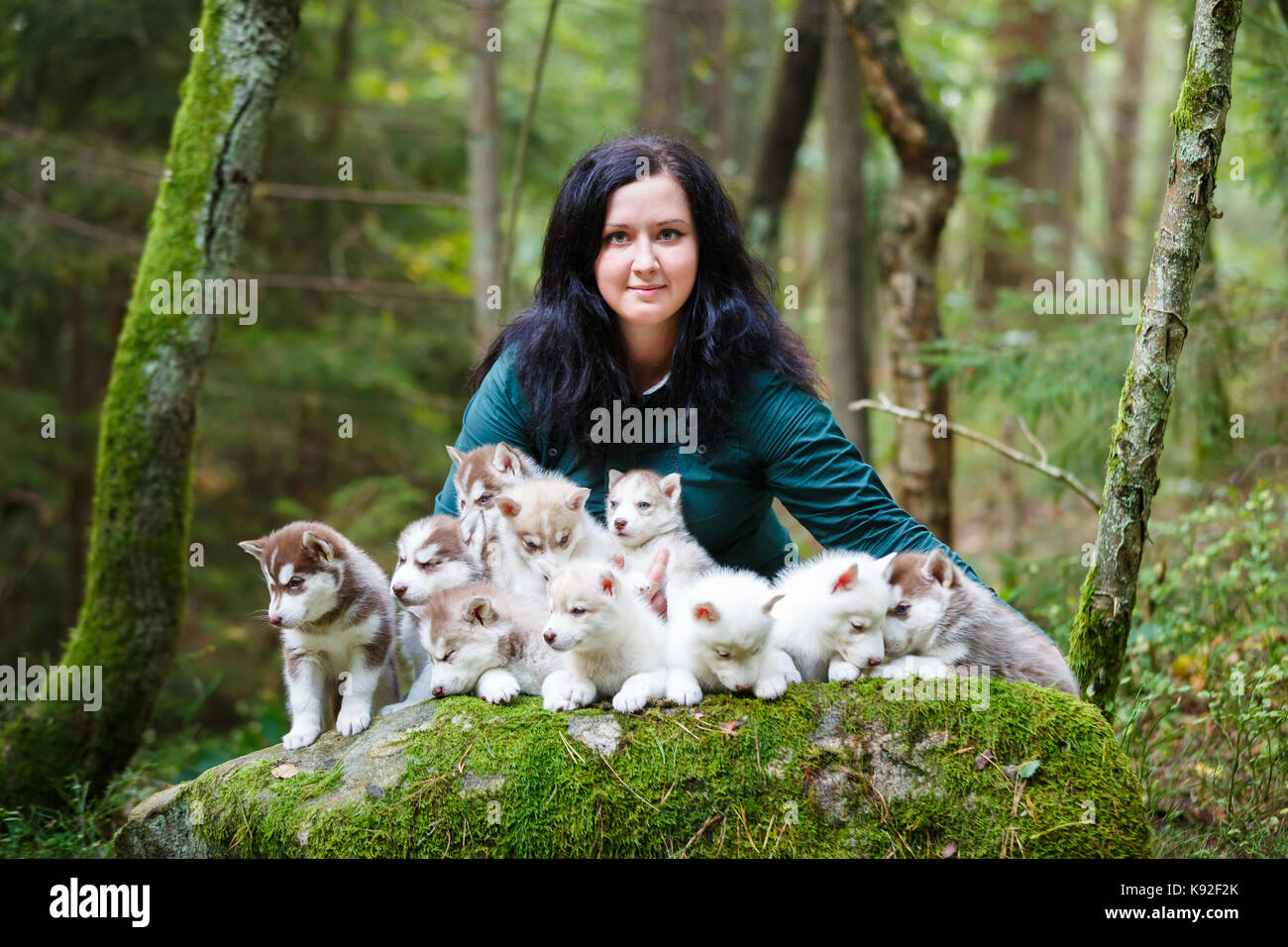 Breeder of dogs with their pets in a forest Stock Photo - Alamy