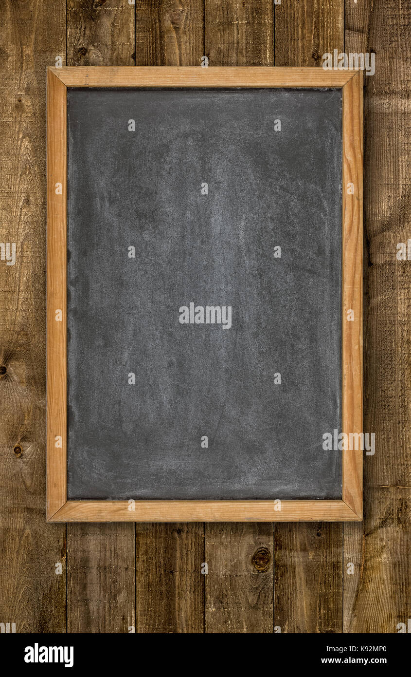 Empty blackboard on rustic wooden background Stock Photo - Alamy