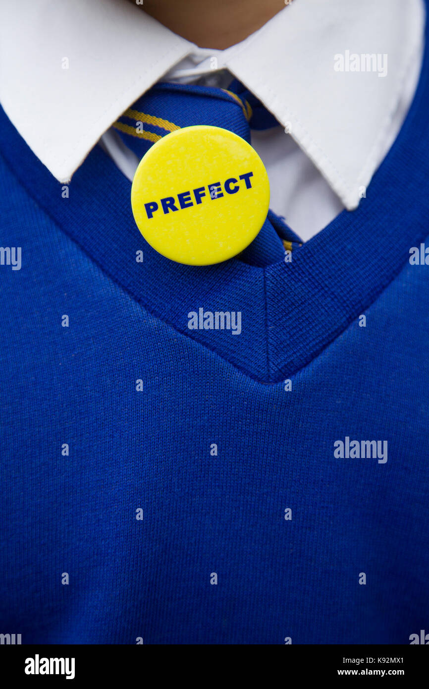 Young person in blue school uniform with a prefect badge Stock Photo ...