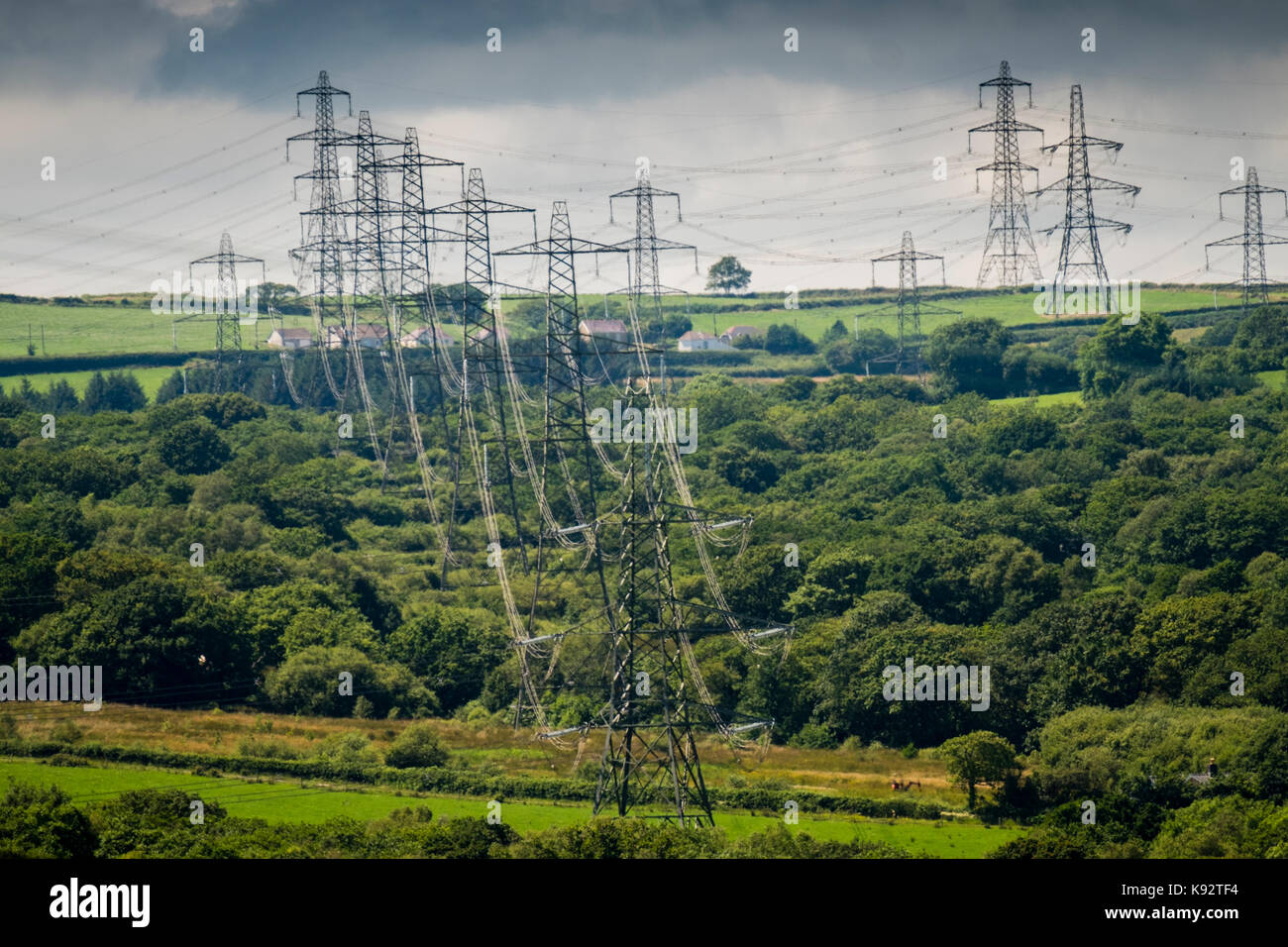 National grid electricity pylons and power lines running across ...