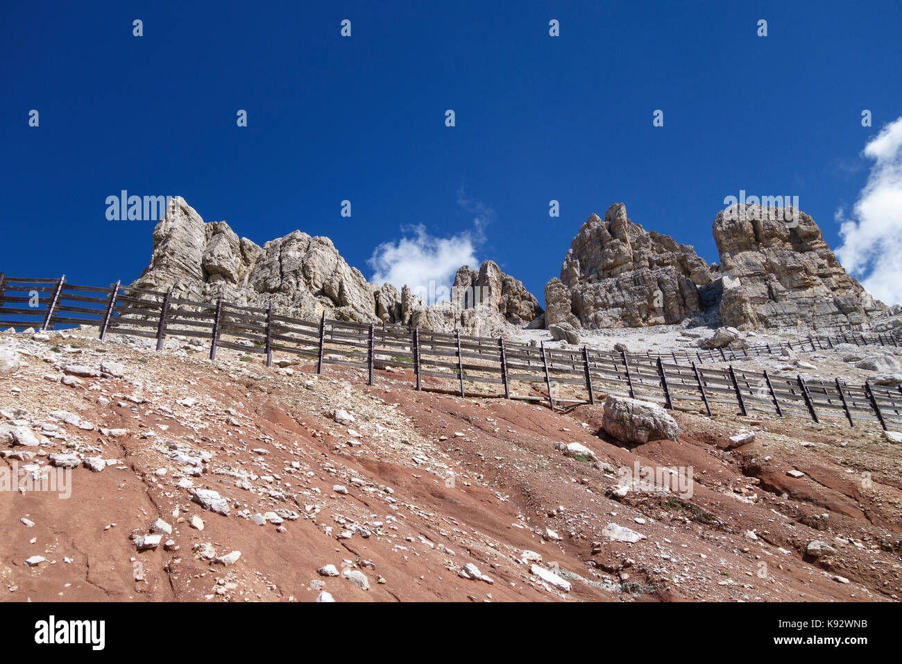 The Dolomites, Northern Italy. Avalanche barriers protect the pass at ...