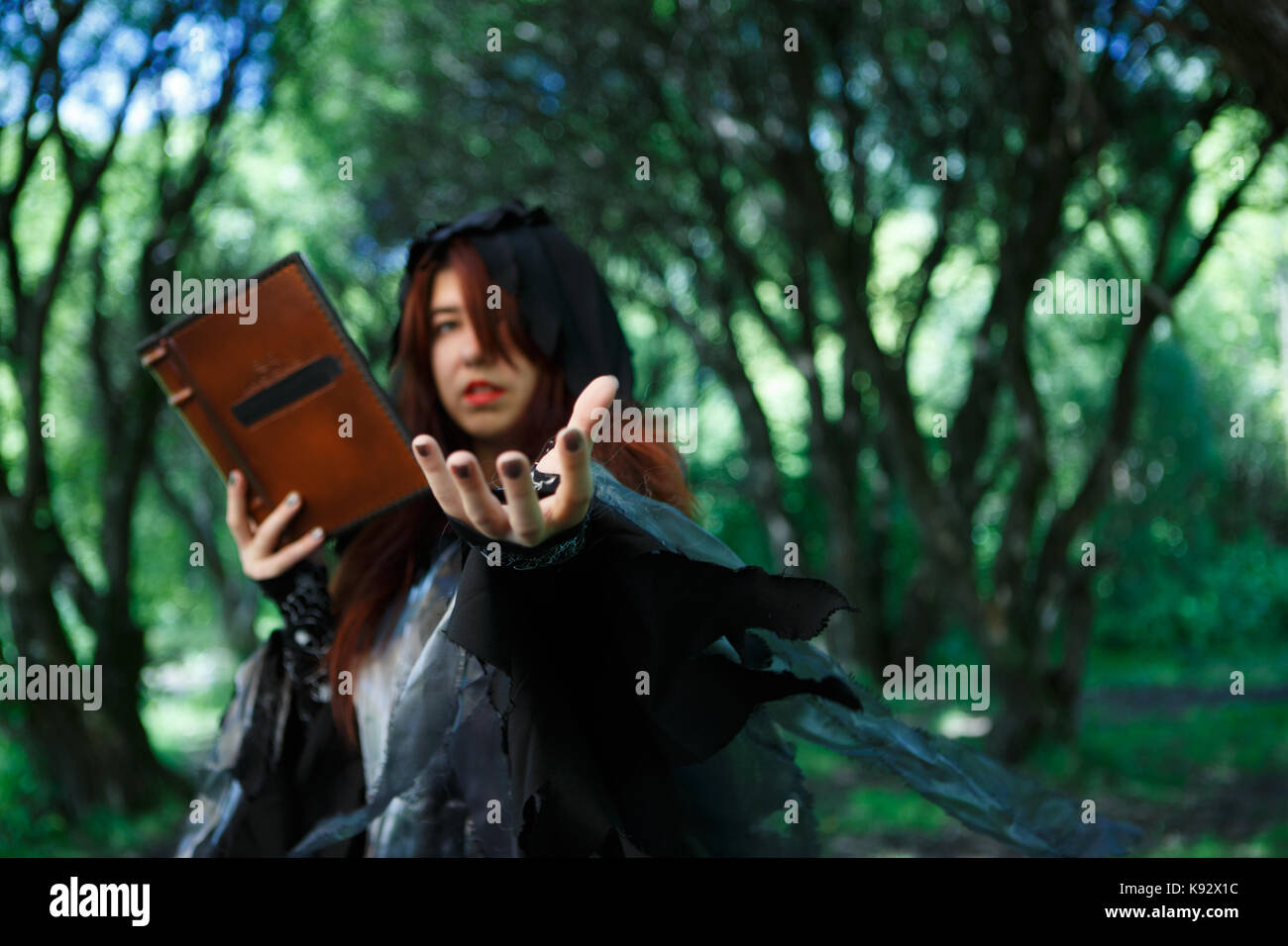 Mystic witch with spell book Stock Photo - Alamy