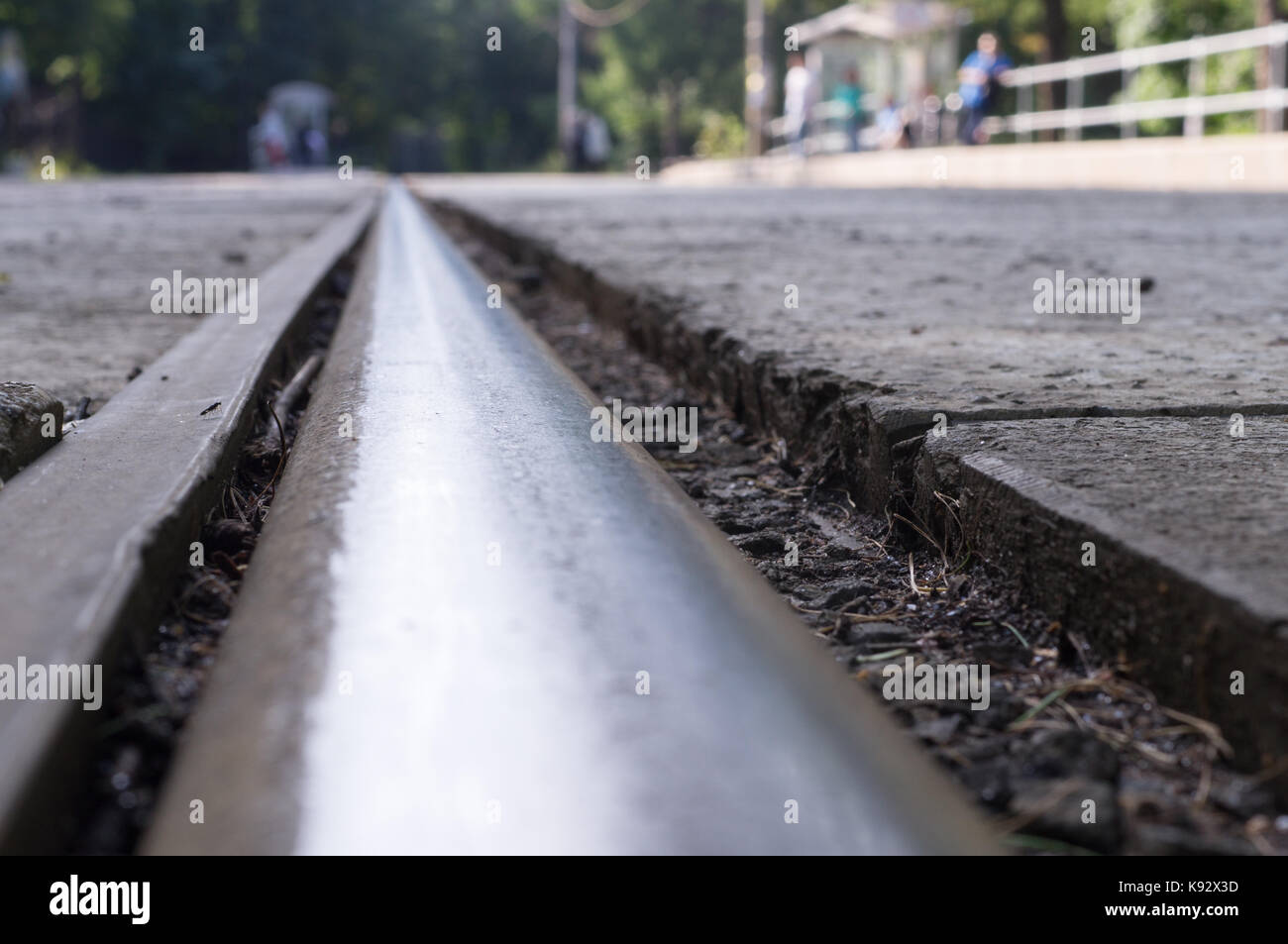 train or tram rail close up with perspective. metal, background Stock ...