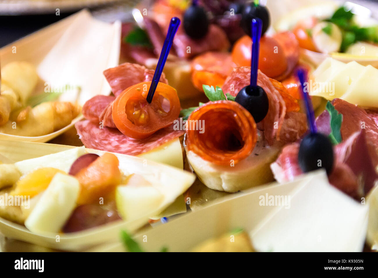 Home made canapes small sandwiches appetizers. Mix of different finger ...