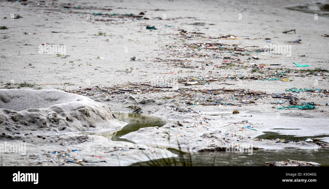 Trash and plastic waste on sandy beach Atlantic ocean. Environmental ...