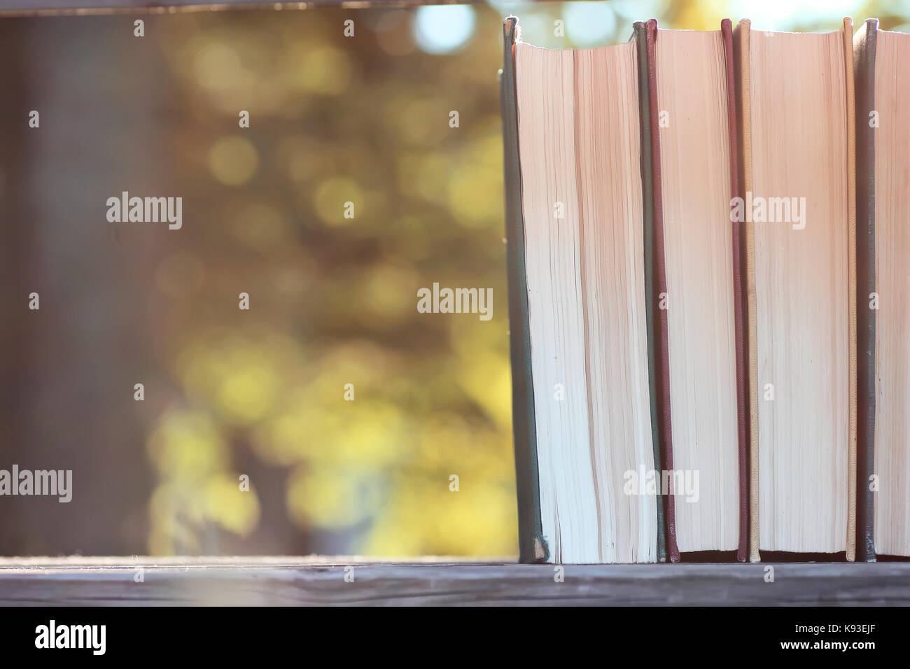 autumn book stack wooden outdoor Stock Photo - Alamy