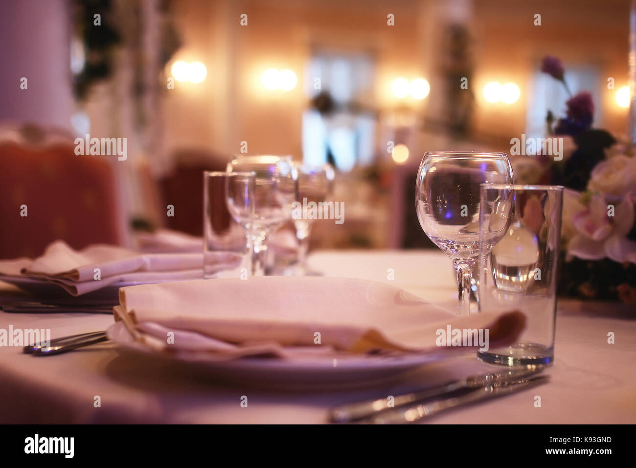 Glass wine glasses on the table served in the restaurant Stock Photo ...