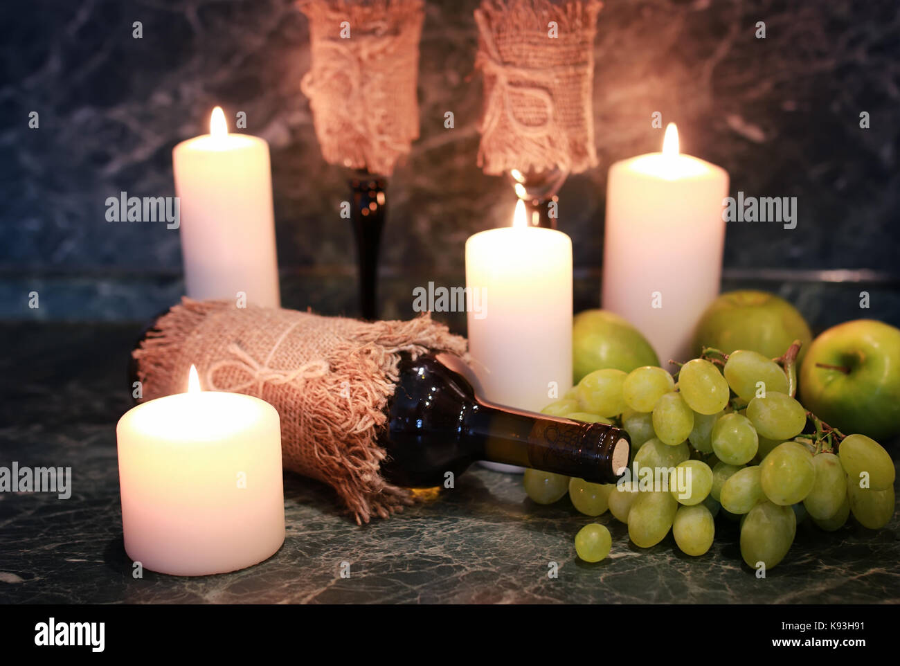 table with wine bottle grape Stock Photo - Alamy