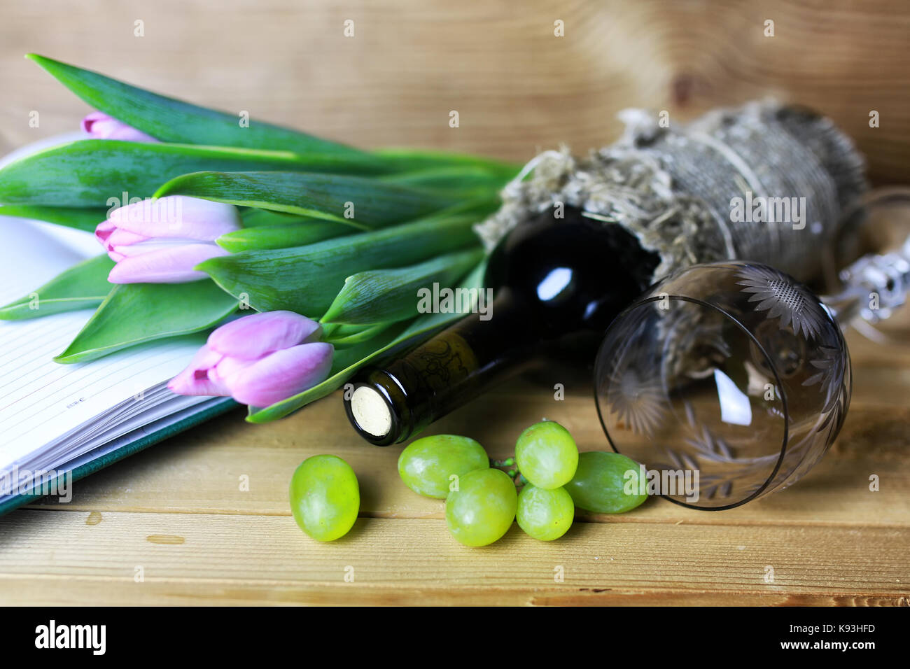 wine bottle book and glass grape Stock Photo - Alamy
