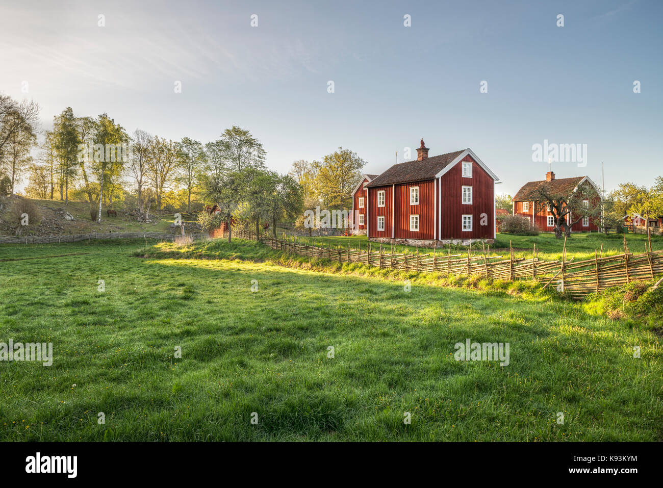 Old farm house and traditional roundpole fence in a rural landscape at ...