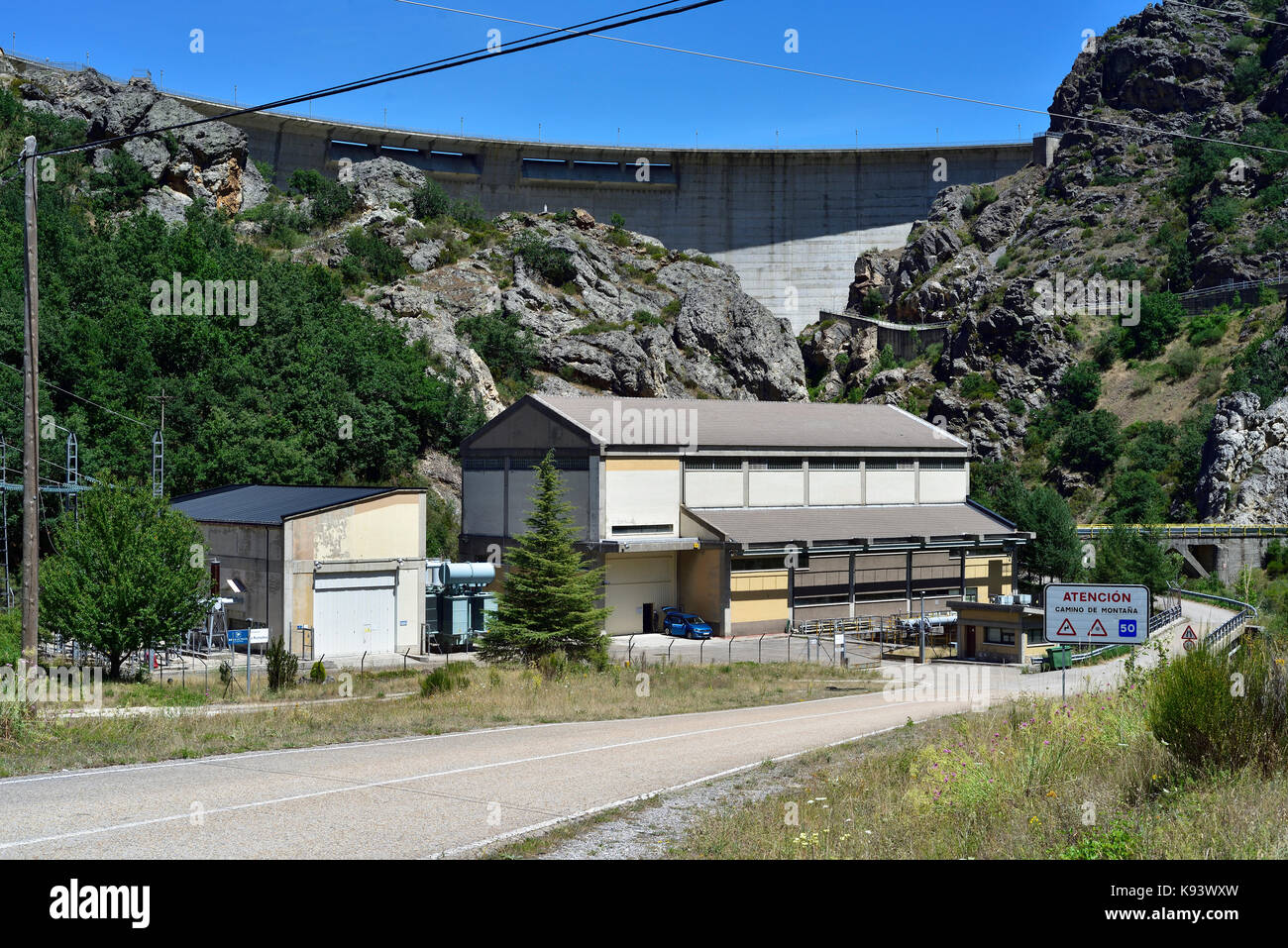 Dam of the Riano reservoir, Riano, Leon, Northern Spain, seen from the ...