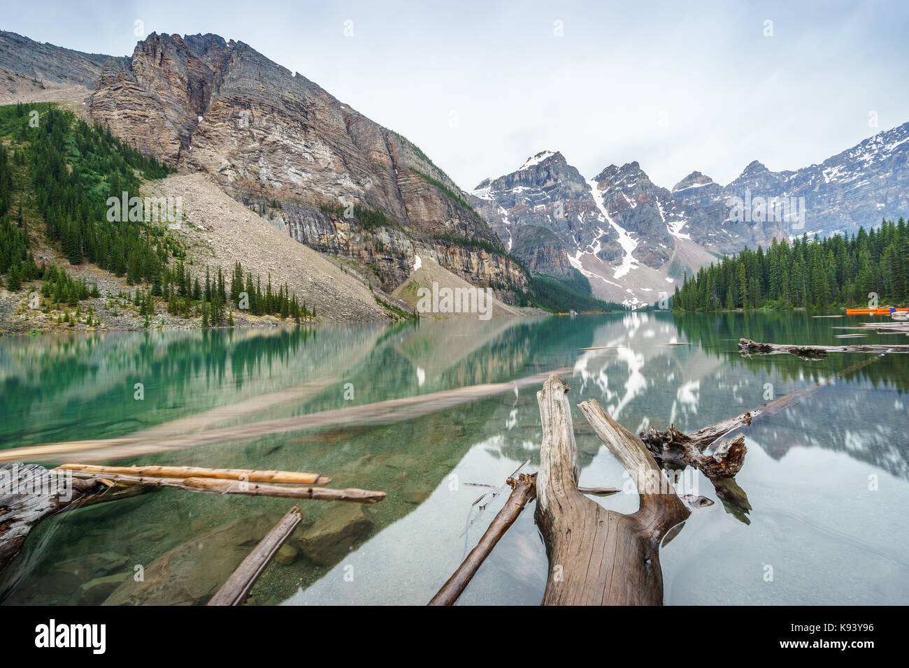 Moraine Lake with logs, Banff National Park, Alberta, Canada Stock ...