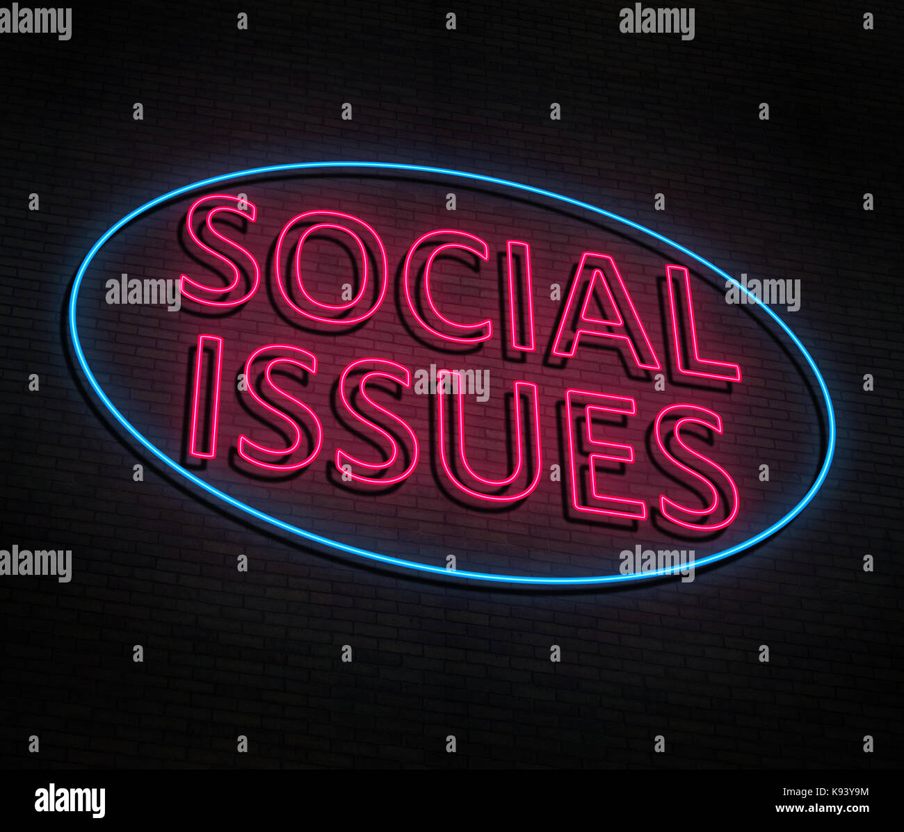 3d Illustration depicting an illuminated neon sign with a social issues ...