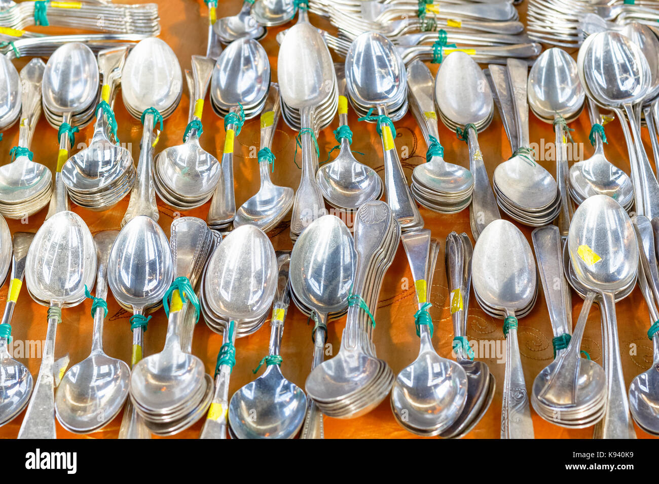 Antique silver cutlery on display at Old Spitalfields Market in London ...