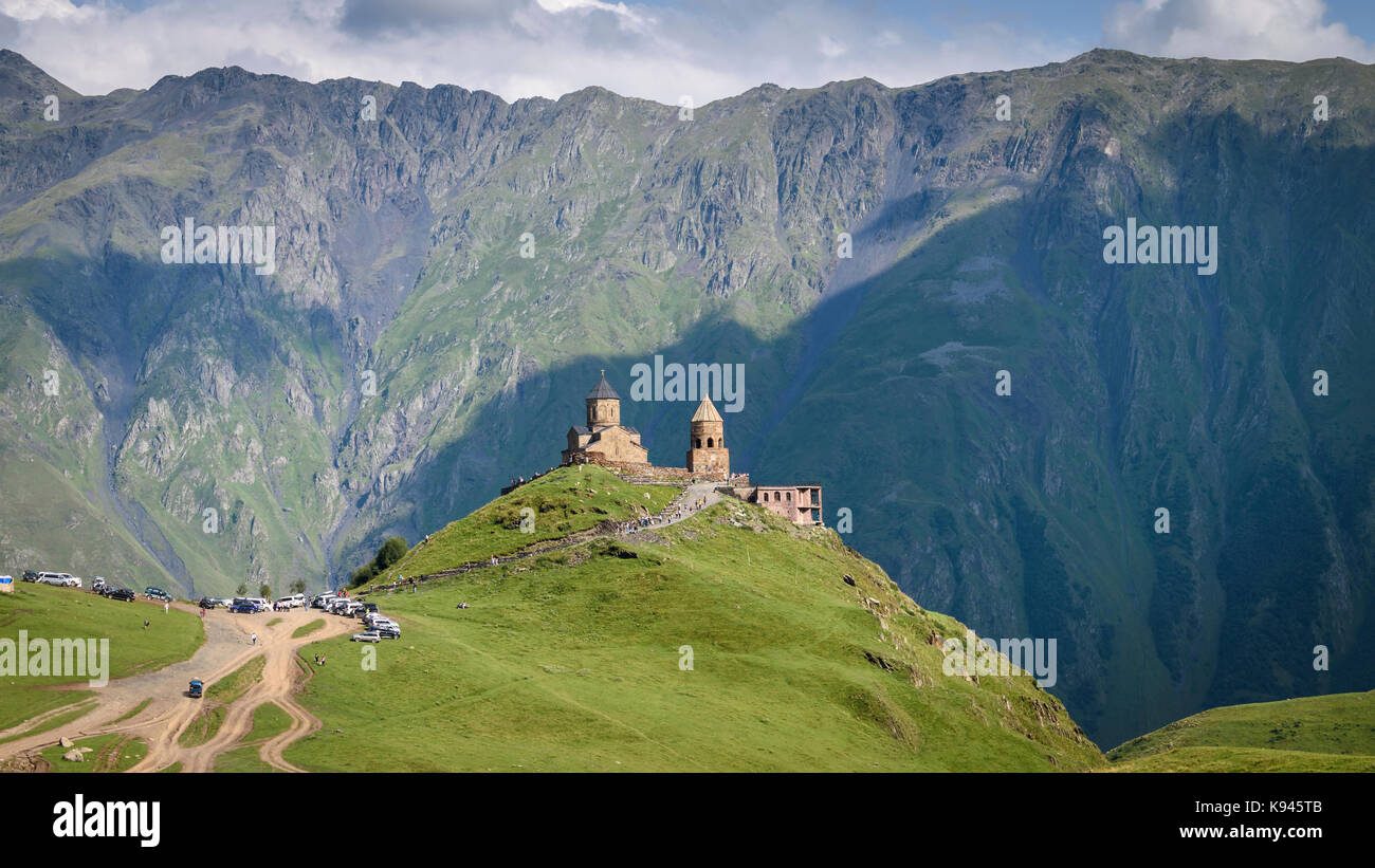 Gergeti Trinity Church on Mount Kazbegi near the village of Gergeti ...