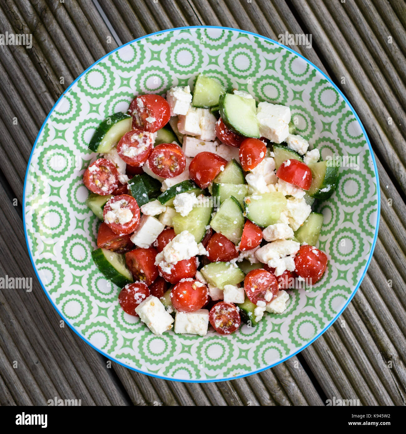 High angle close up of Greek Salad with tomato, cucumber and Feta ...