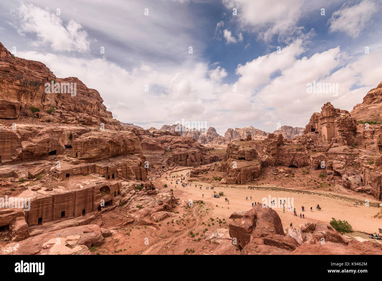 High angle view across the historic site of Petra, Jordan, rock ...
