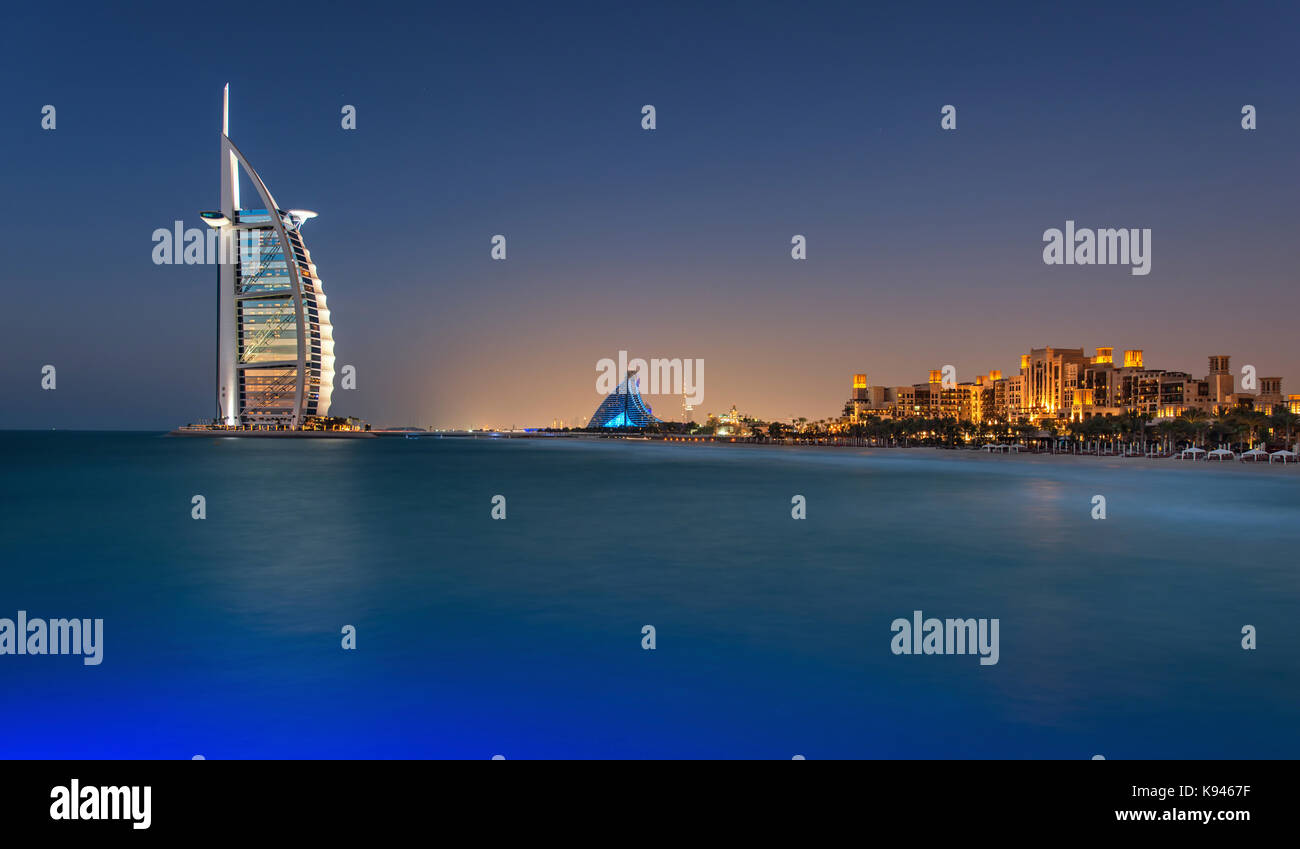 Cityscape of Dubai, United Arab Emirates at dusk, coastline of Persian ...