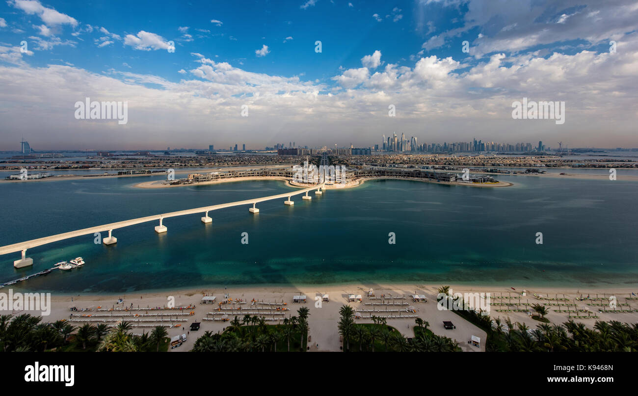 Cityscape of Dubai, United Arab Emirates, with bridge from island ...