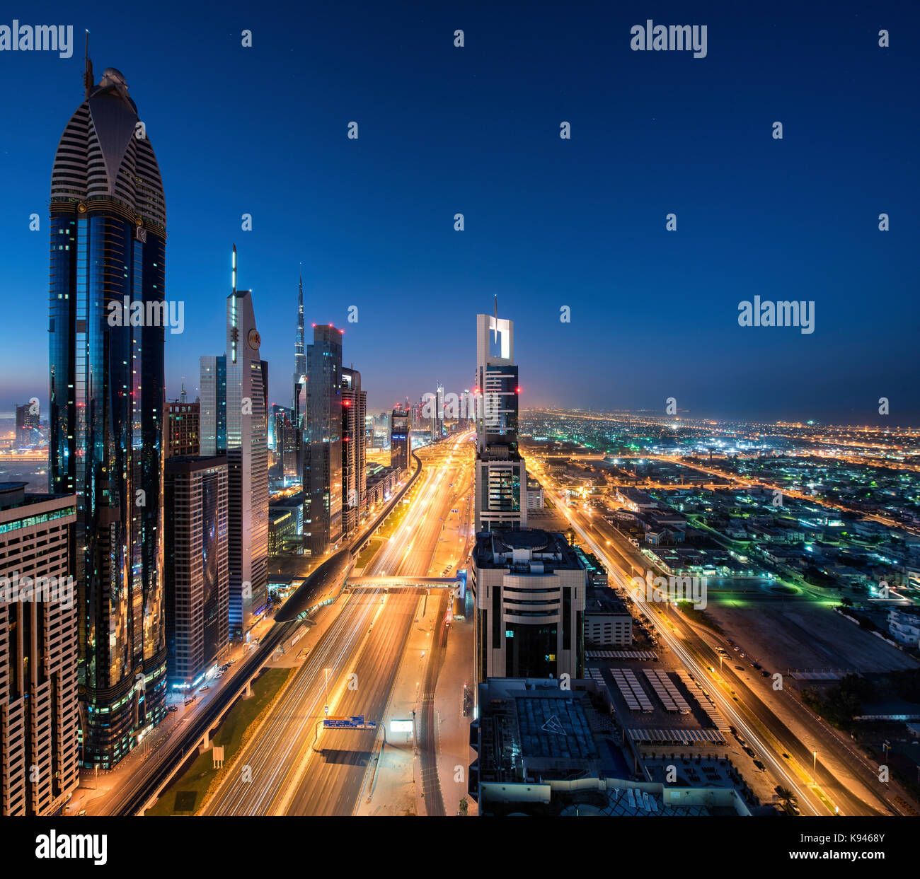 Cityscape of Dubai, United Arab Emirates at dusk, with skyscrapers ...