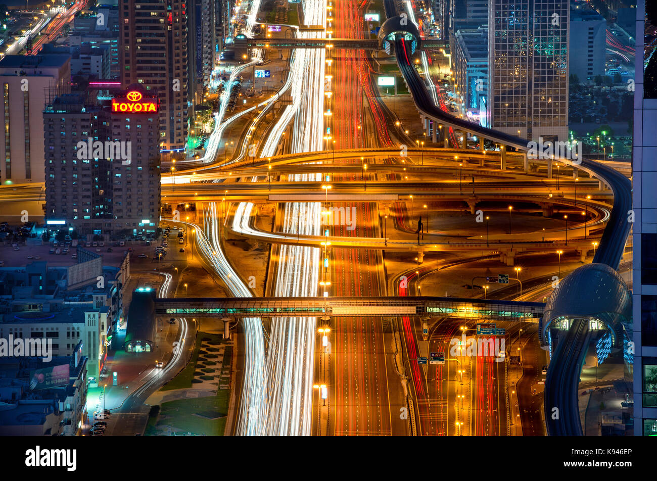 Aerial view of illuminated Sheikh Zayed Road in central Dubai, United ...