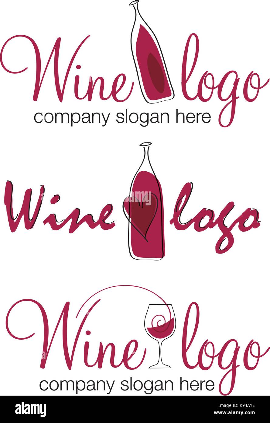 Set of three wine logos with wine bottles, glasses, vines and leaves ...