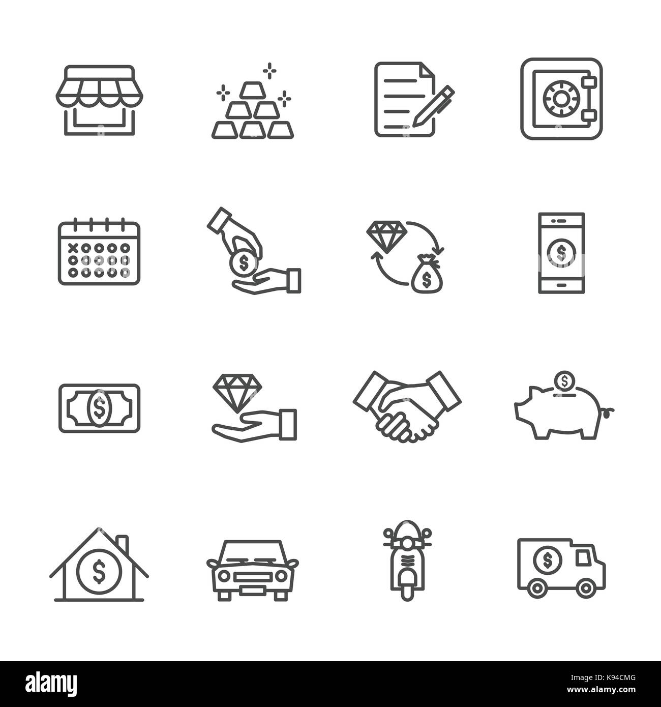 Pawnbroker, pawn shop icons set, Vector illustration of thin line icons ...