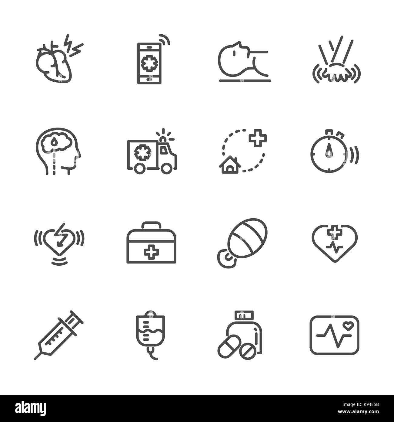 Heart attack first aid, Healthcare and medical icons set. Vector line ...